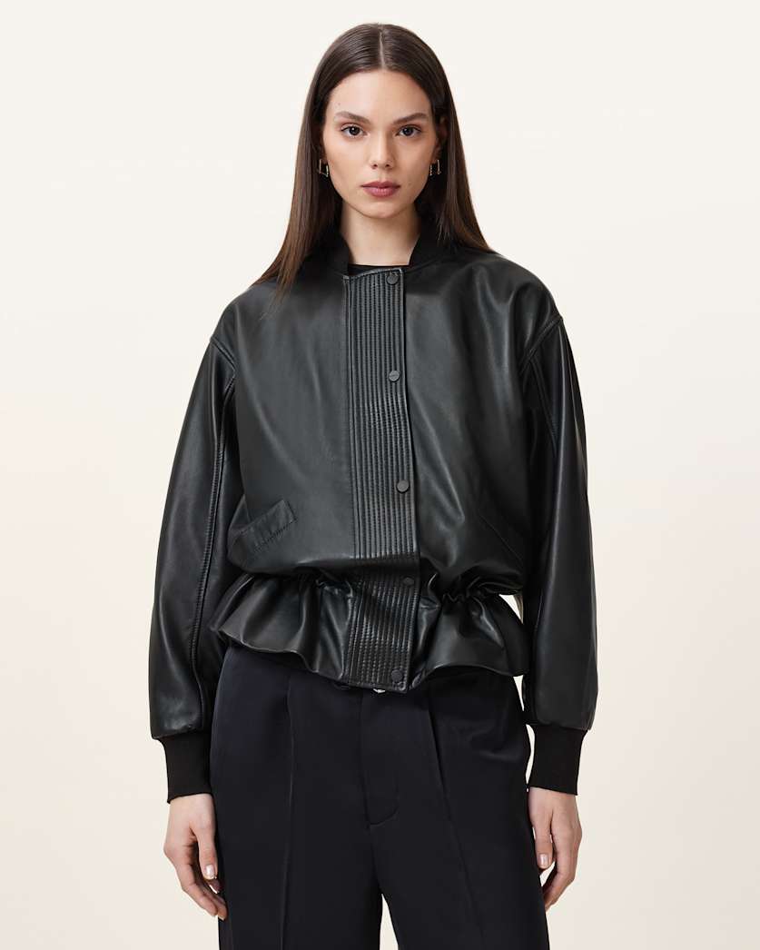 Sofi Drawstring Leather Bomber Jacket Black | ALLSAINTS